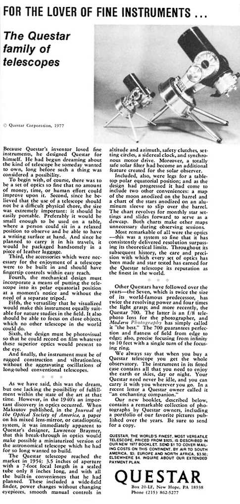 Questar advertisement, Scientific American , August 1977